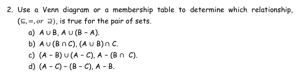 Solved 2. Use a Venn diagram or a membership table to | Chegg.com