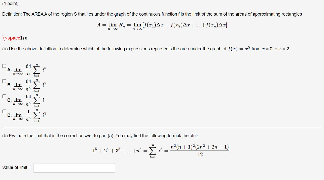 Solved A=limn→∞Rn=limn→∞[f(x1)Δx+f(x2)Δx+…+f(xn)Δx] | Chegg.com