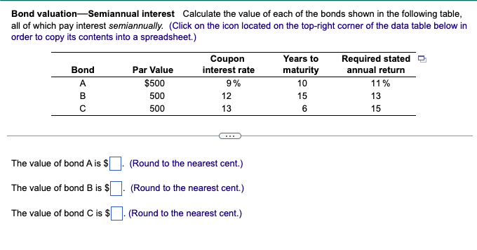 Solved Bond valuation—Semiannual interest Calculate the | Chegg.com