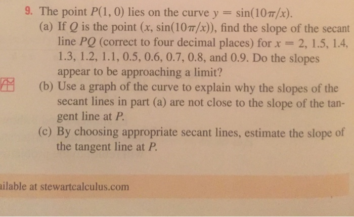 Solved The point P(1, 0) lies on the curve y = sin(10 pi/x). | Chegg.com