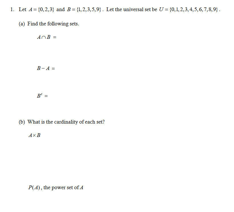 Solved 1. Let A = {0,2,3} and B = {1,2,3,5,9}. Let the | Chegg.com
