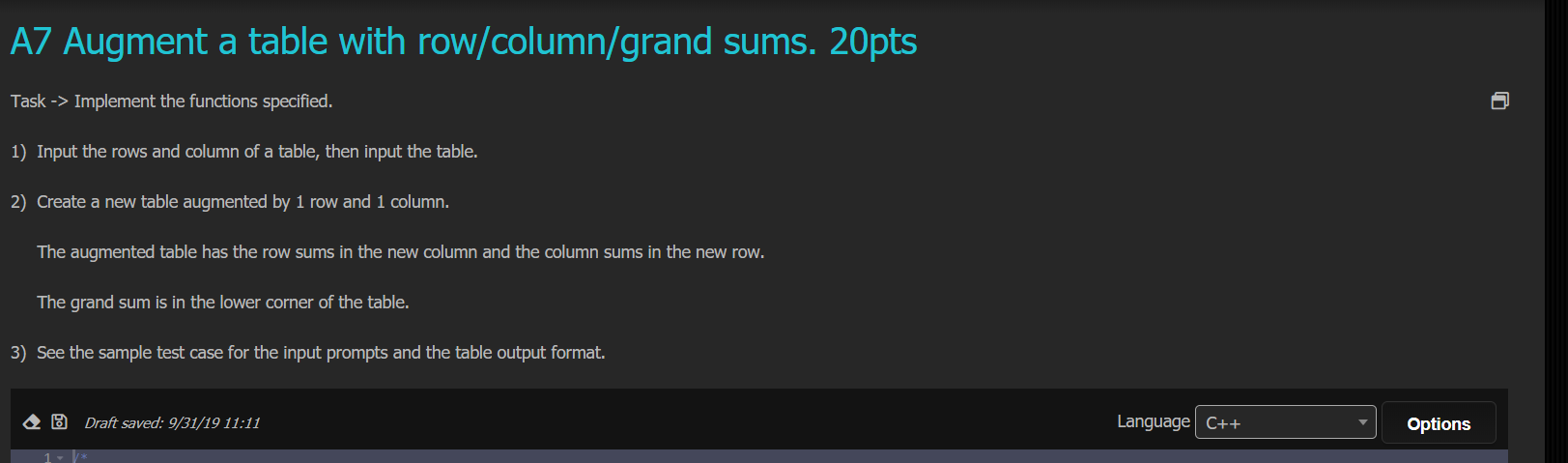 A7 Augment a table with row/column/grand sums. 20pts | Chegg.com