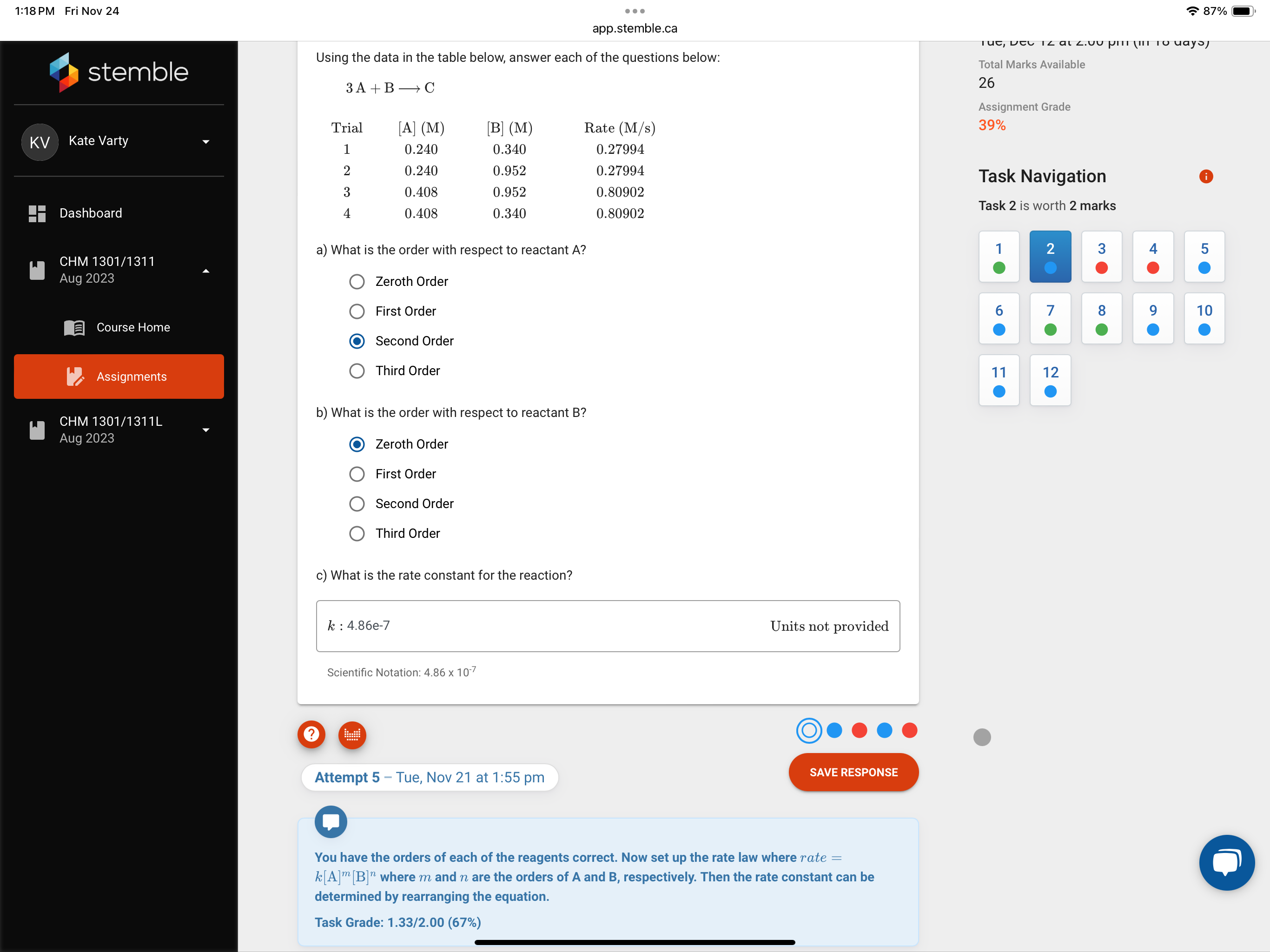 Solved app.stemble.ca ₹ 87\% Using the data in the table | Chegg.com