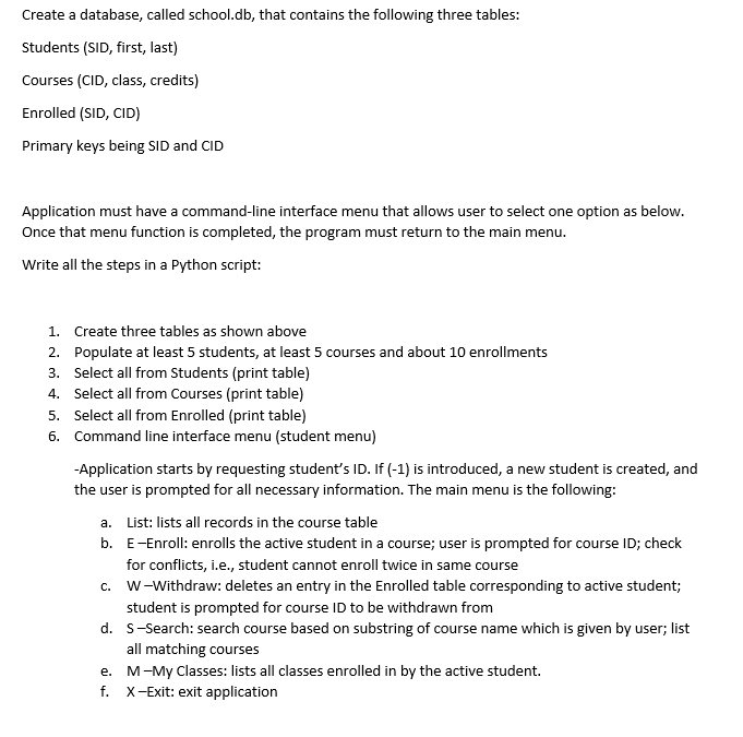 Create a database, called school.db, that contains | Chegg.com