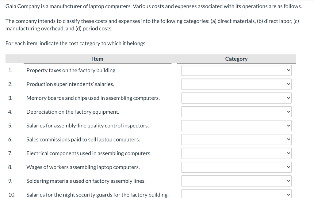 Solved Gala Company is a manufacturer of laptop computers. | Chegg.com