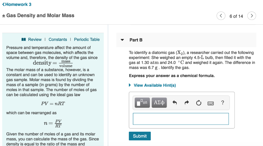 Solved Homework 3 t Gas Density and Molar Mass 6 of 14 > | Chegg.com