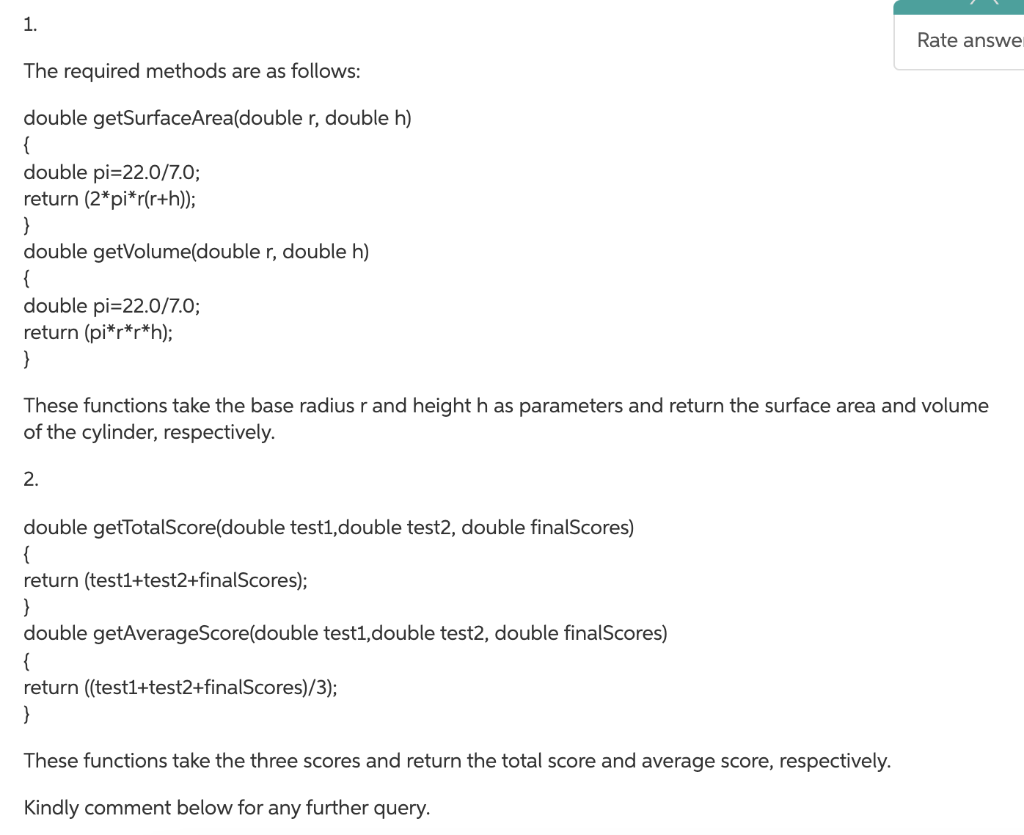 Solved 1. Rate answe The required methods are as follows: | Chegg.com