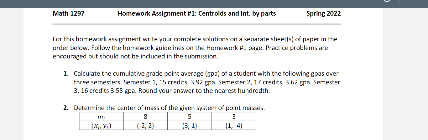 Solved Math 1297 Homework Assignment #1: Centroids and Int. | Chegg.com