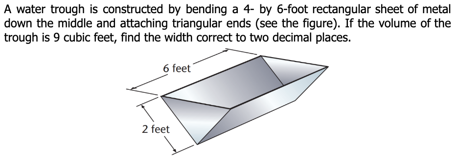 Solved A water trough is constructed by bending a 4− by 6 | Chegg.com