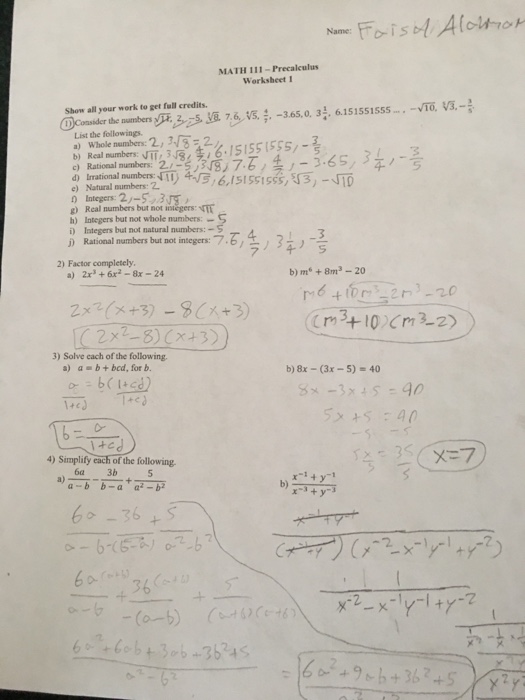 Solved MATH 111-Precalculus Worksheet I Show all your work | Chegg.com