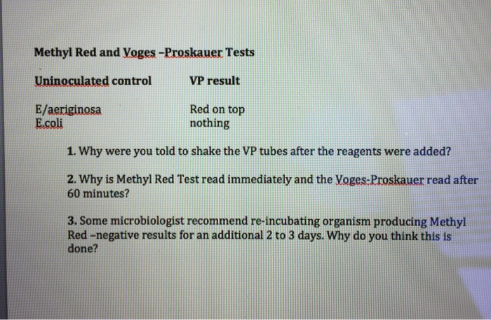 Solved Methyl Red and Voges-Proskauer Tests Uninoculated | Chegg.com