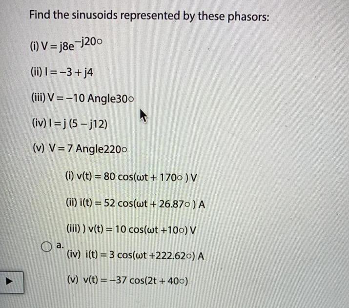 Solved Find the sinusoids represented by these phasors: (i) | Chegg.com