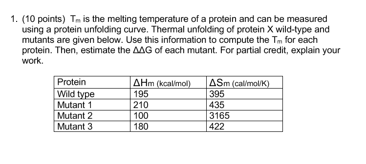 Solved 1. (10 points) Tm is the melting temperature of a | Chegg.com
