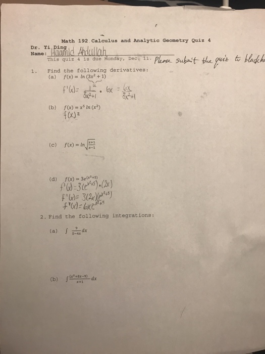 Solved Math 192 Calculus and Analytic Geometry Quiz 4 Dr. Yi | Chegg.com