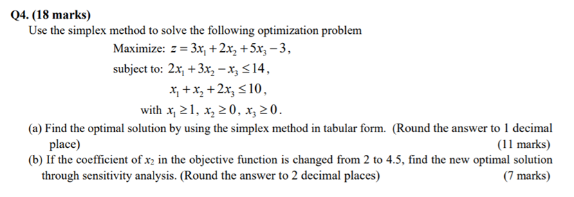 Solved Q4. (18 marks) Use the simplex method to solve the | Chegg.com