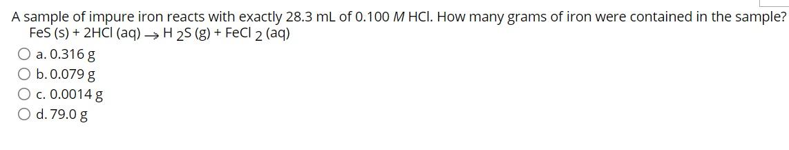 Solved A sample of impure iron reacts with exactly 28.3 mL | Chegg.com