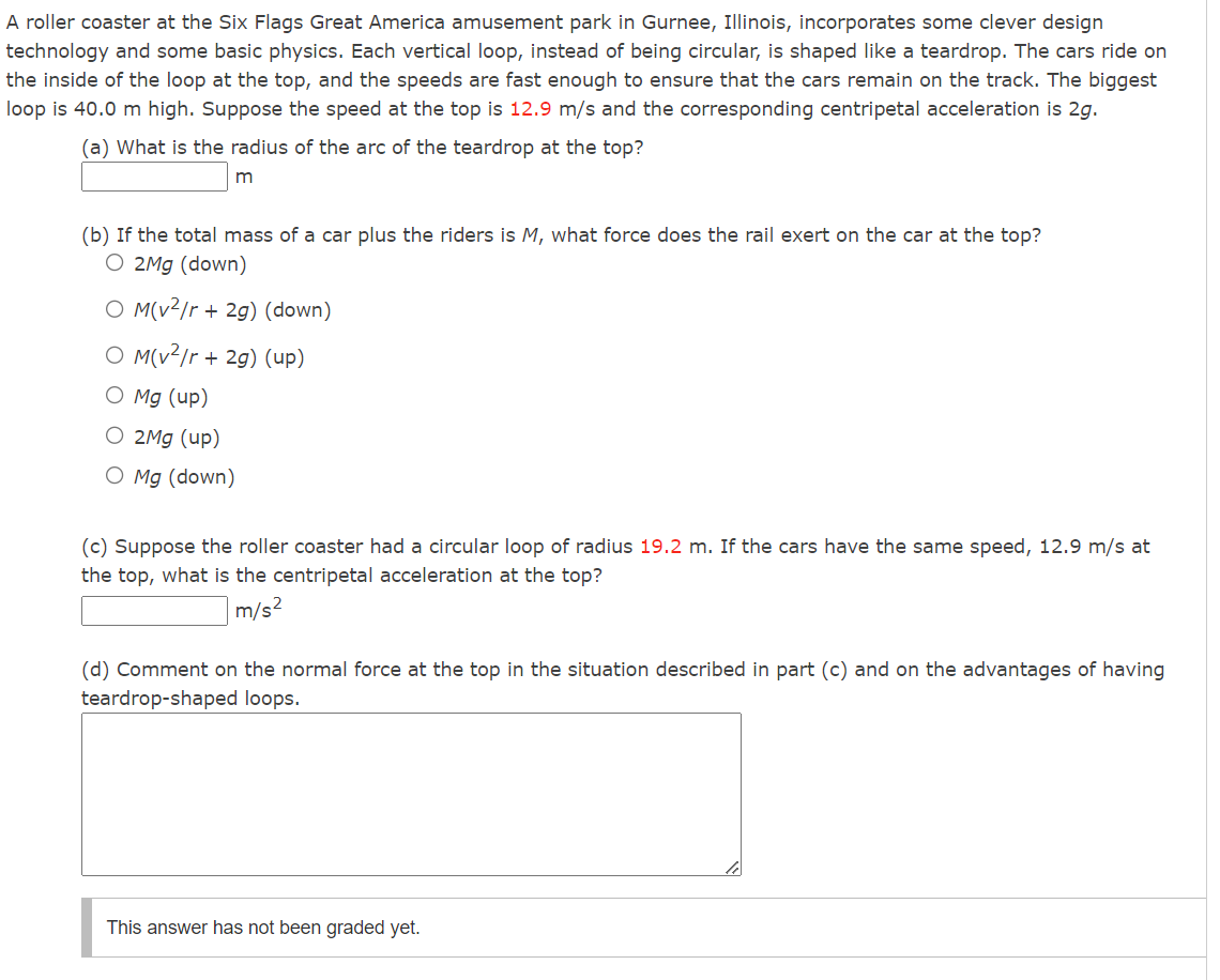 Solved A roller coaster at the Six Flags Great America | Chegg.com