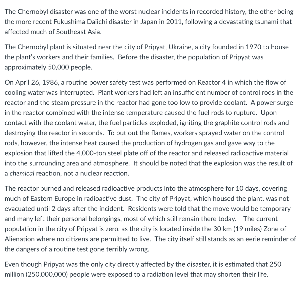The Chernobyl disaster was one of the worst nuclear | Chegg.com