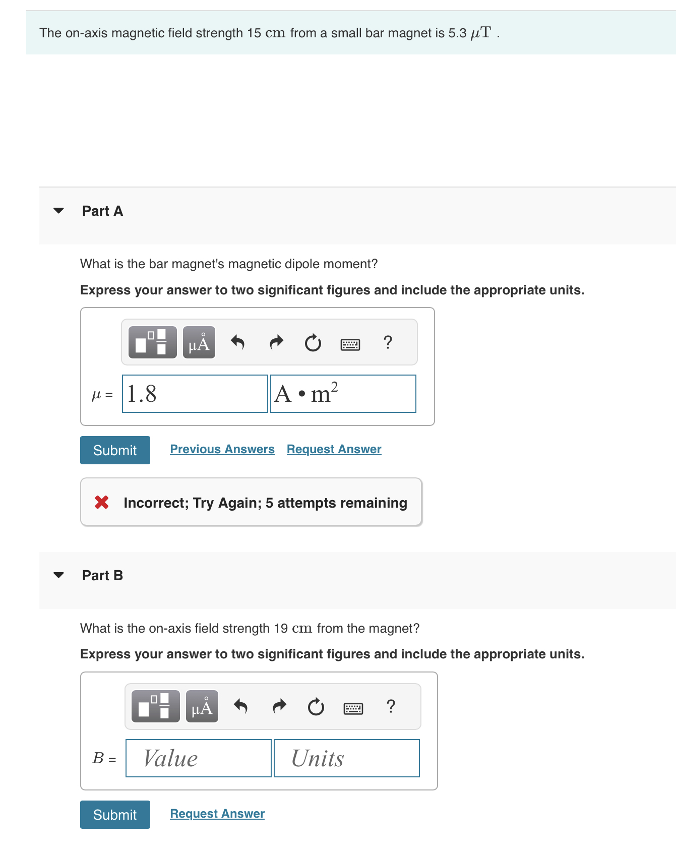 Solved The on-axis magnetic field strength 15 ﻿cm from a | Chegg.com