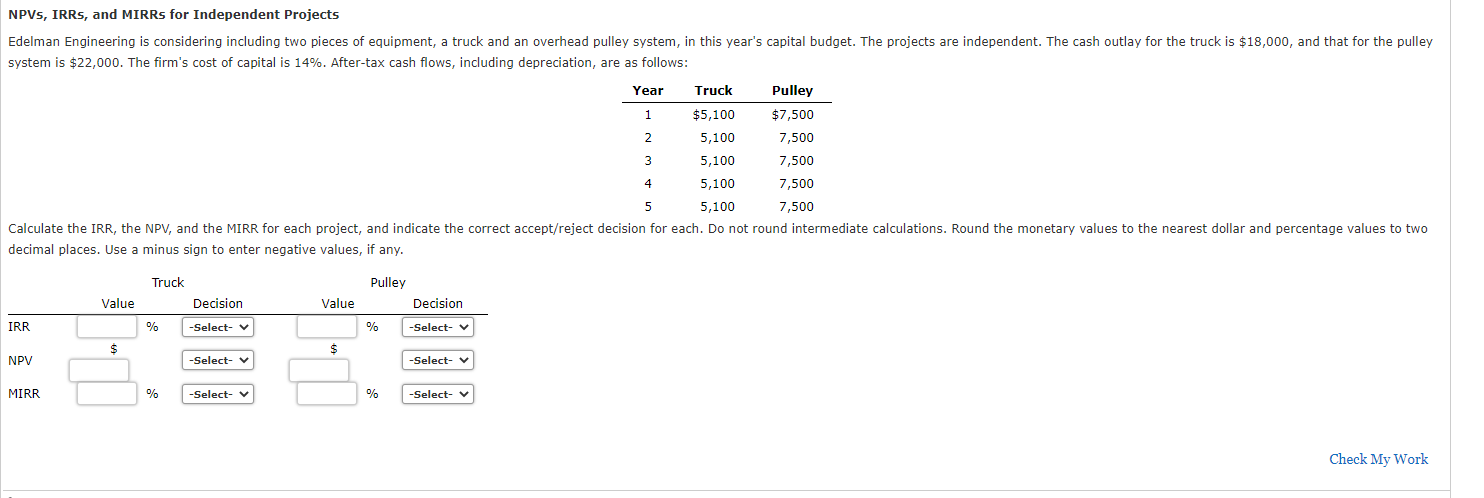 Solved Npvs Irrs And Mirrs For Independent Projects System