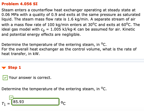 Solved Problem 4.056 SI Steam enters a counterflow heat | Chegg.com