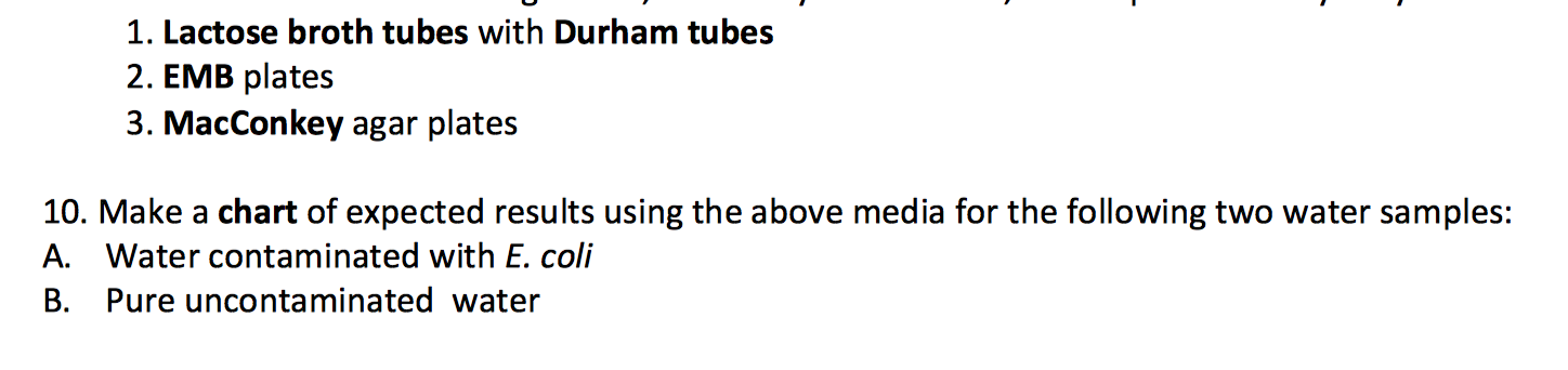 Solved 1. Lactose broth tubes with Durham tubes 2. EMB | Chegg.com