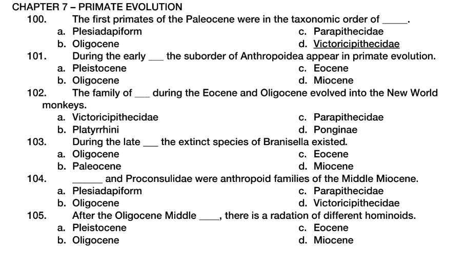 Solved CHAPTER 7 - PRIMATE EVOLUTION 100. The first primates | Chegg.com