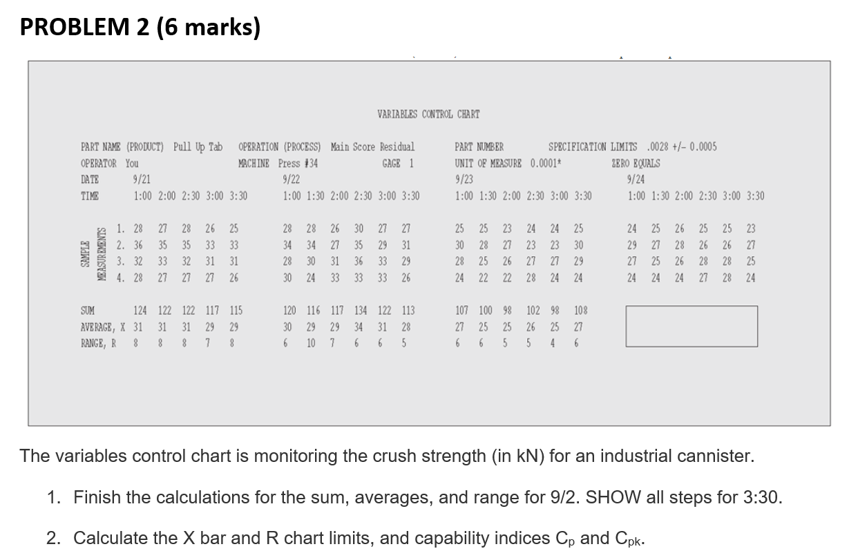 Solved PROBLEM 2 (6 marks) VARIABLES CONTROL CHART PART NAME | Chegg.com Solved PROBLEM 2 (6 marks) VARIABLES CONTROL CHART PART NAME | Chegg.com