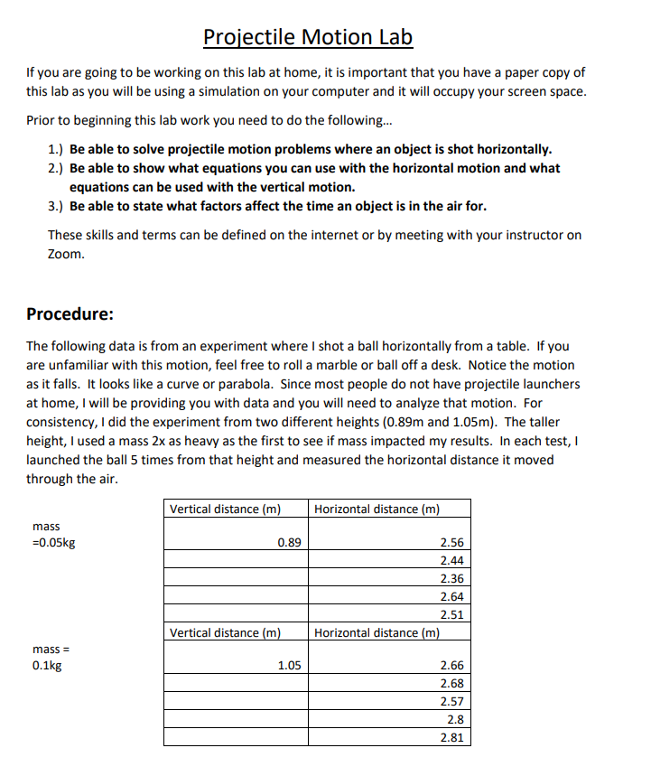 Solved Projectile Motion Lab If you are going to be working | Chegg.com
