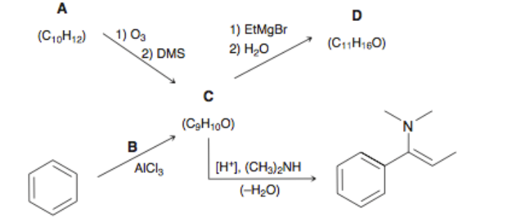 Solved A D (C10H12) 1) O3 2) DMS 1) EtMgBr 2) H2O (C11H160) | Chegg.com