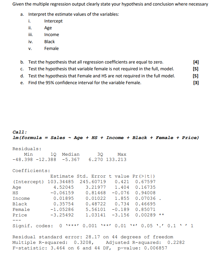 Solved Given the multiple regression output clearly state | Chegg.com