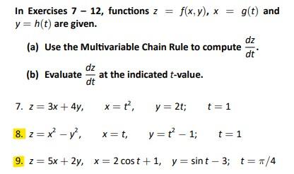 Solved In Exercises 7−12, functions z=f(x,y),x=g(t) and | Chegg.com