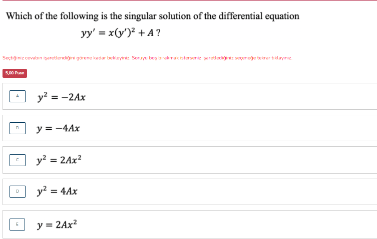 Solved Which of the following is the singular solution of | Chegg.com