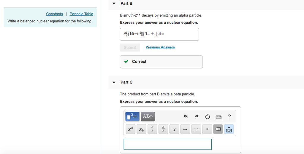 Solved Part B Constants | Periodic Table Bismuth-211 decays | Chegg.com