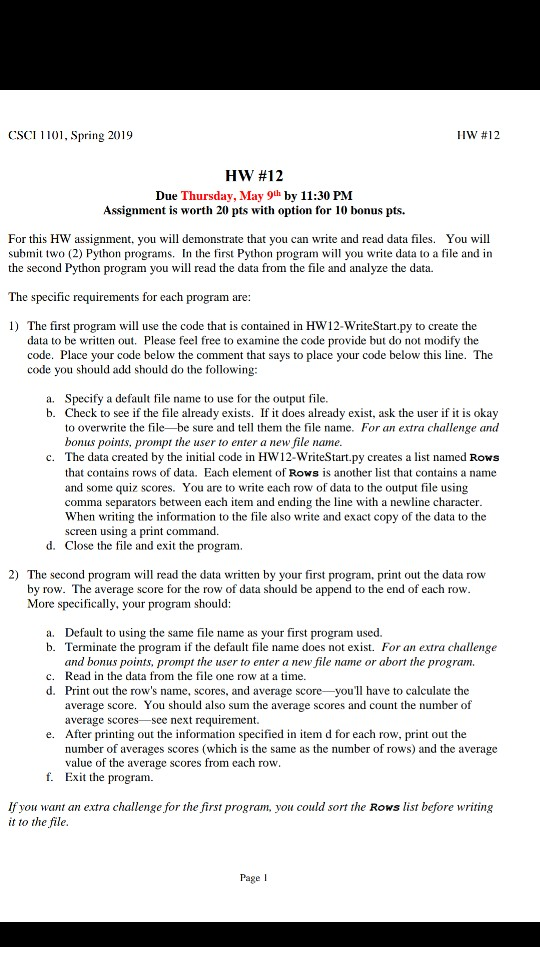 CSCI 101, Spring 2019 INN #12 HW #12 Due Thursday, | Chegg.com