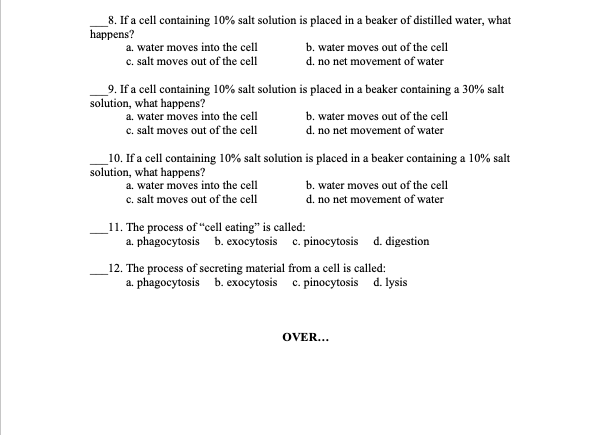 Solved 8. If a cell containing 10% salt solution is placed | Chegg.com