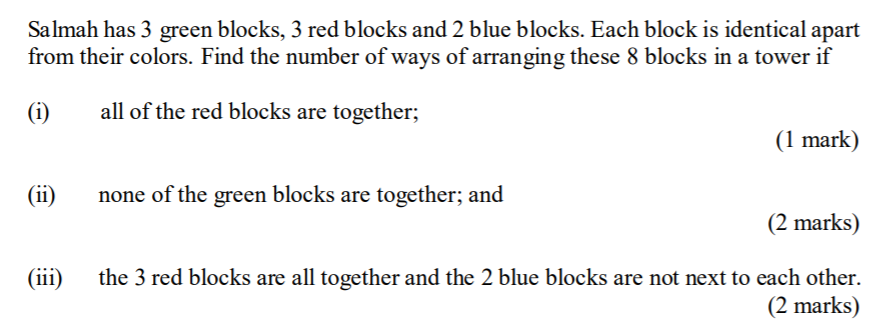 Solved Salmah has 3 green blocks, 3 red blocks and 2 blue | Chegg.com