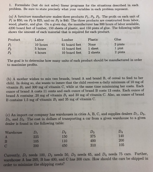 Solved 1. Formulate (but do not solve) linear programs for | Chegg.com
