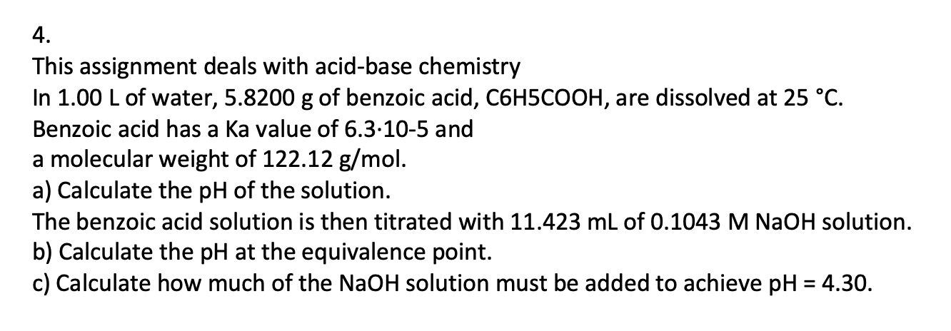 Solved 4. This assignment deals with acid-base chemistry In | Chegg.com