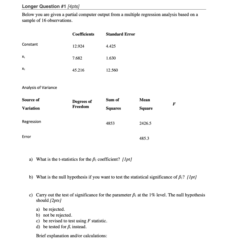 Solved Below you are given a partial computer output from a | Chegg.com