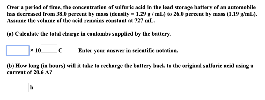Solved Over a period of time, the concentration of sulfuric | Chegg.com