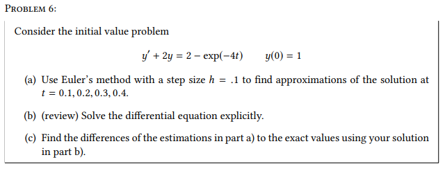 Solved PROBLEM 6: Consider the initial value problem y' + 2y | Chegg.com