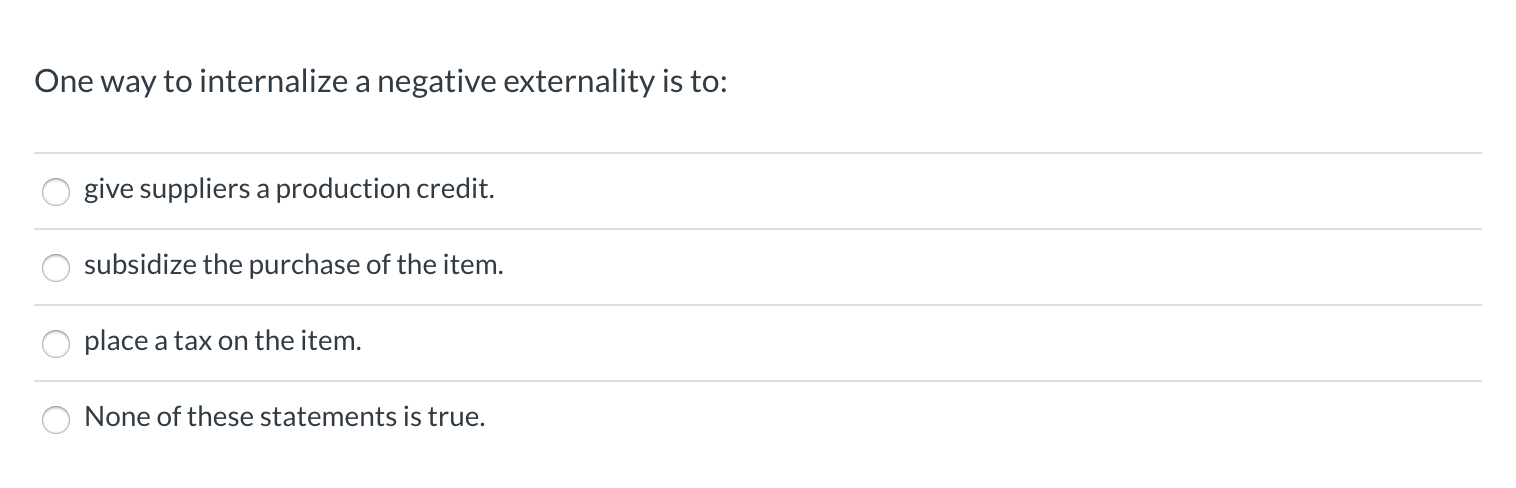 Solved One way to internalize a negative externality is to: | Chegg.com