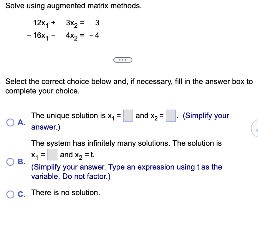 Solved Solve using augmented matrix methods. | Chegg.com