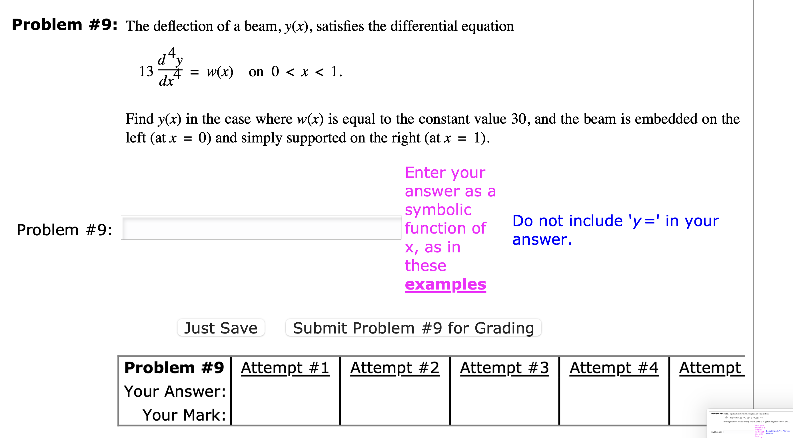 Solved Problem #9: The deflection of a beam, y(x), | Chegg.com