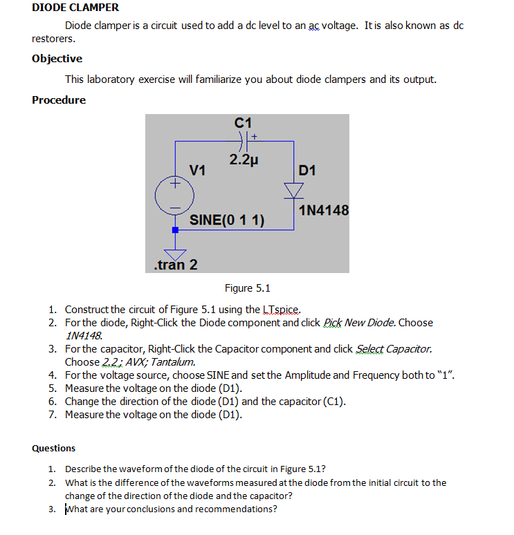 Solved DIODE CLAMPER Diode clamper is a circuit used to add | Chegg.com