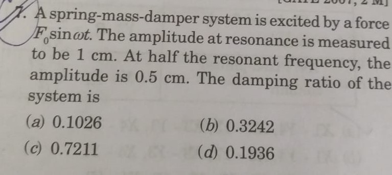 Solved A spring-mass-damper system is excited by a force F | Chegg.com