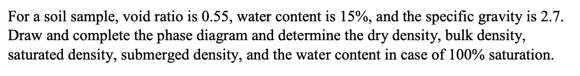 Solved For a soil sample, void ratio is 0.55, water content | Chegg.com