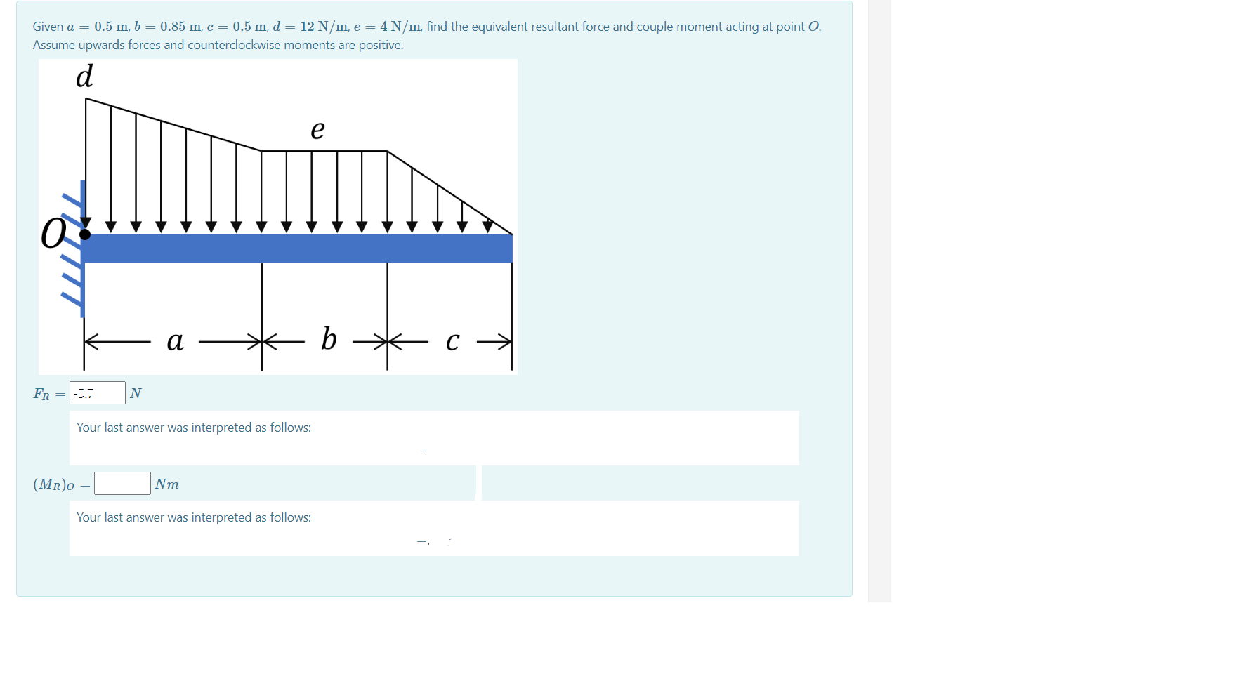 Solved Given a=0.5 m,b=0.85 m,c=0.5 m,d=12 N/m,e=4 N/m, find | Chegg.com