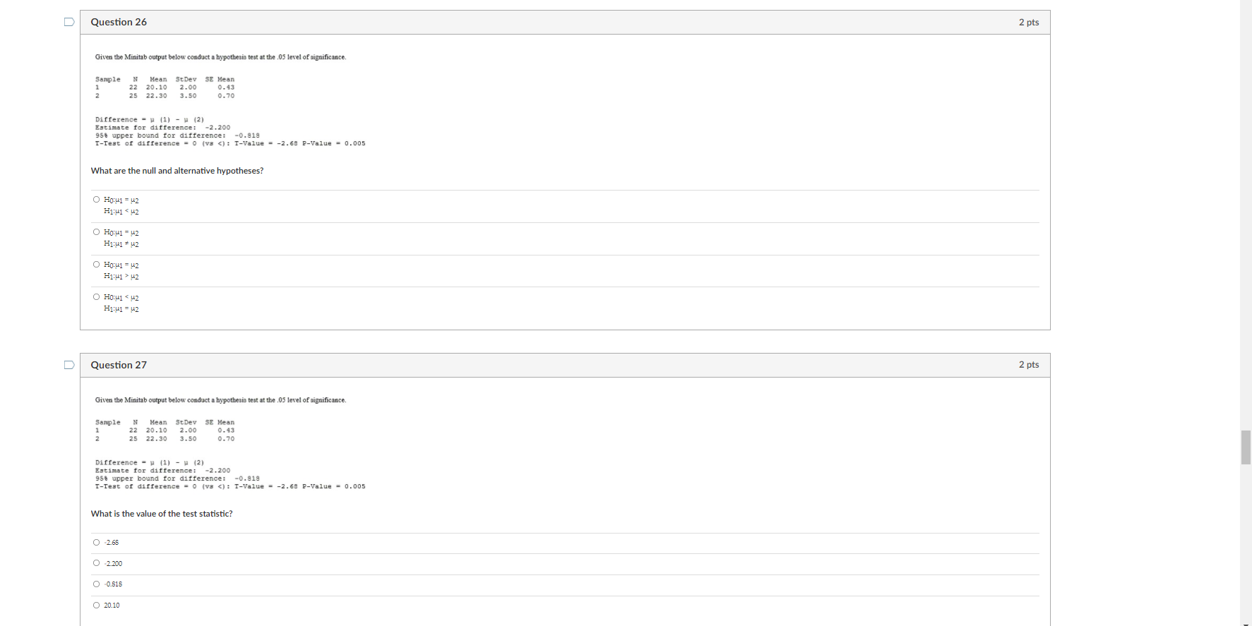 Solved Question 26 2 pts Given the Minitab output below | Chegg.com